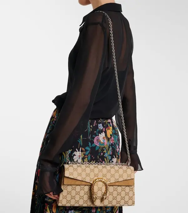 Gucci Dionysus Gg Canvas Small Suede-trimmed Crossbody Bag - Beige