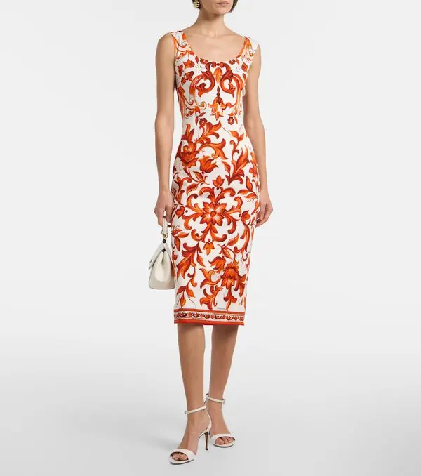 Dolce & Gabbana Majolica Print Silk Blend Midi Dress - Orange