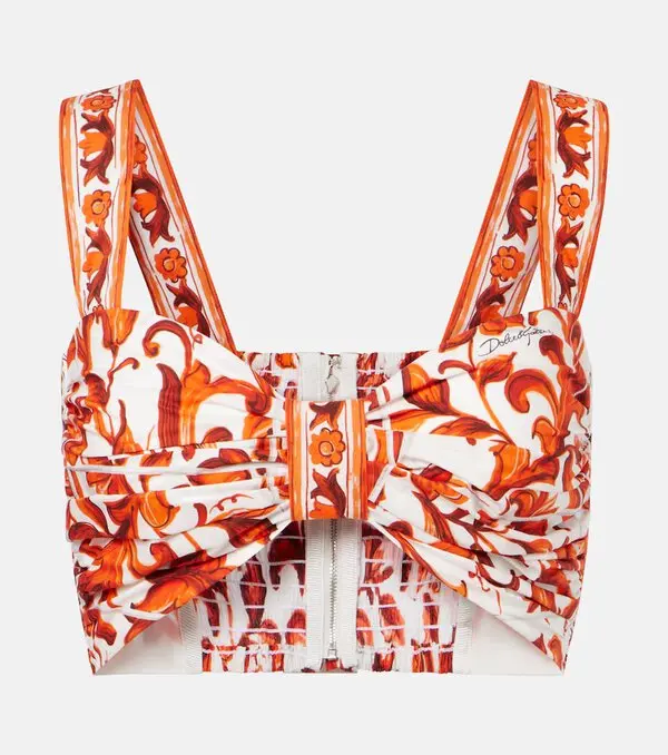 Dolce & Gabbana Majolica Cotton Poplin Crop Top - Orange