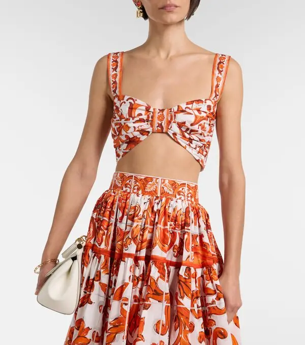 Dolce & Gabbana Majolica Cotton Poplin Crop Top - Orange