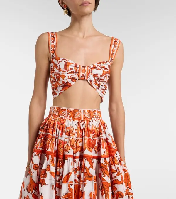 Dolce & Gabbana Majolica Cotton Poplin Crop Top - Orange