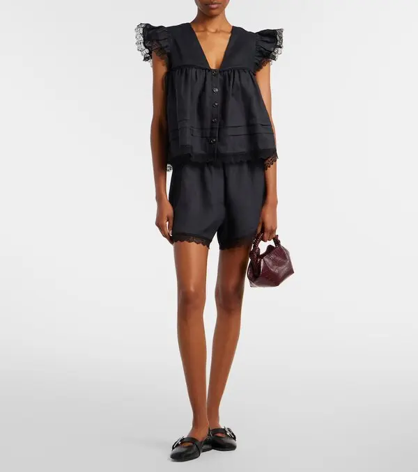 GANNI Lace-trimmed Linen Shorts - Black