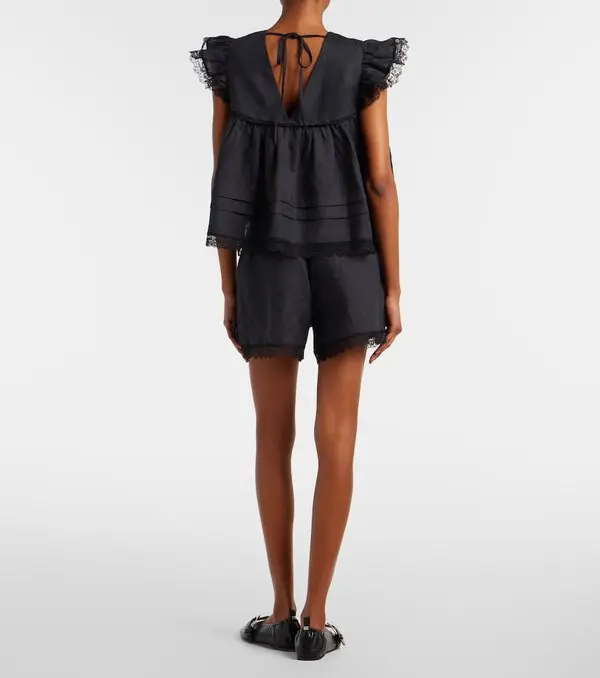 GANNI Lace-trimmed Linen Shorts - Black