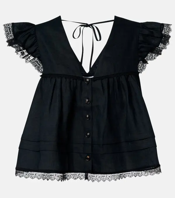 GANNI Lace-trimmed Linen Top - Black