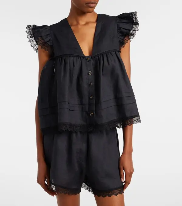 GANNI Lace-trimmed Linen Top