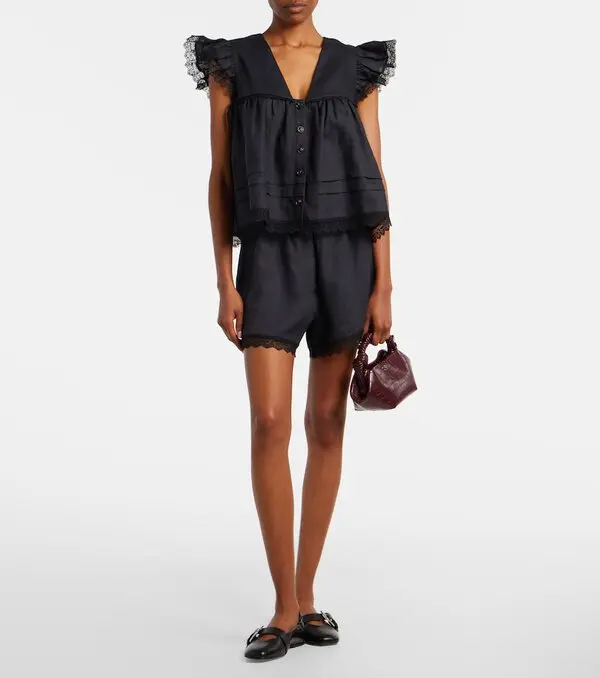 GANNI Lace-trimmed Linen Top