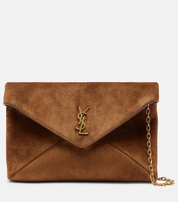 Saint Laurent Cassandre Small Suede Pouch - Brown