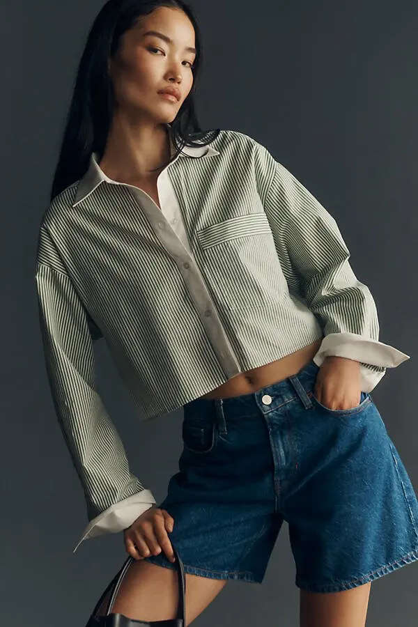 Maeve Cotton Crop Button-down Shirt - Green Stripe