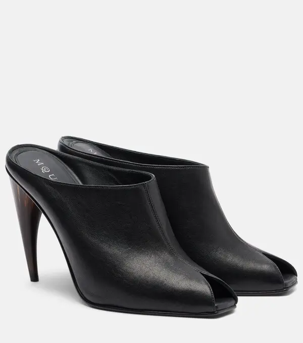 Alexander McQueen Leather Square Open Toe Mules - Black