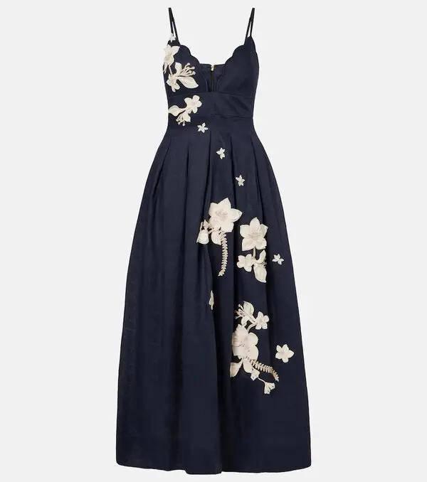 Agua Bendita Sula Floral-appliqué Linen Maxi Dress - Blue