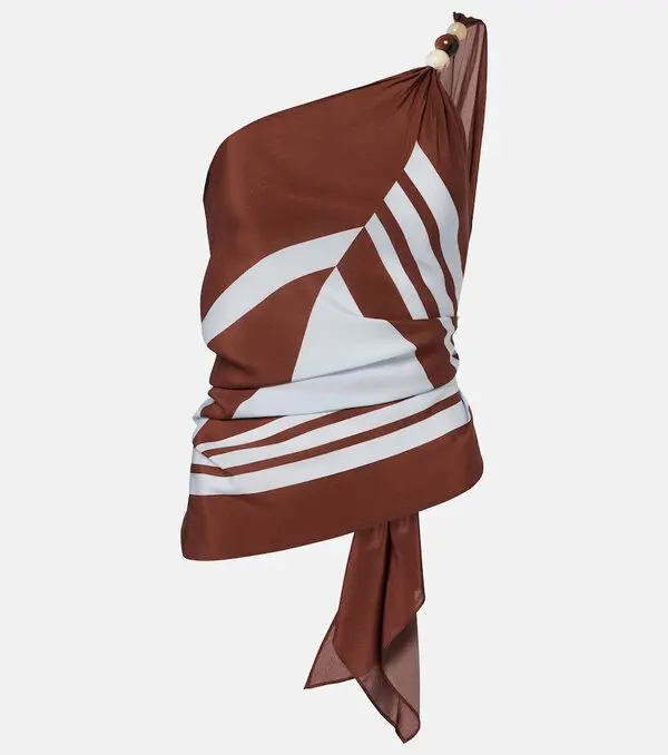 SIR. Beaded One-shoulder Printed Silk Top - Brown