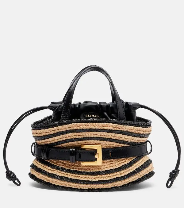 Balmain Raffia-effect Striped Top-handle Bag - Beige