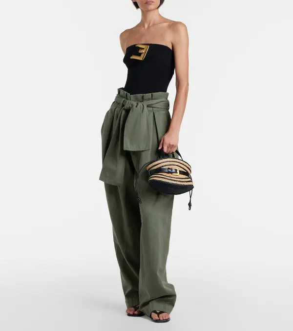 Balmain Raffia-effect Striped Top-handle Bag - Beige