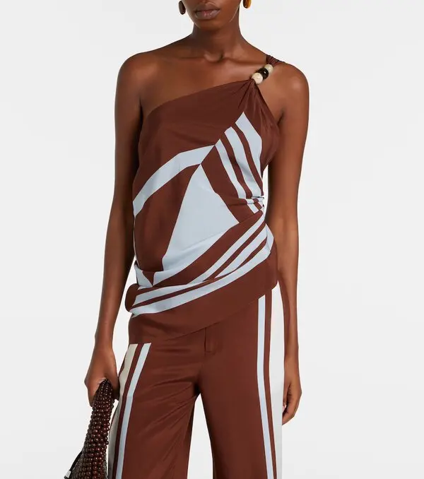 SIR. Beaded One-shoulder Printed Silk Top