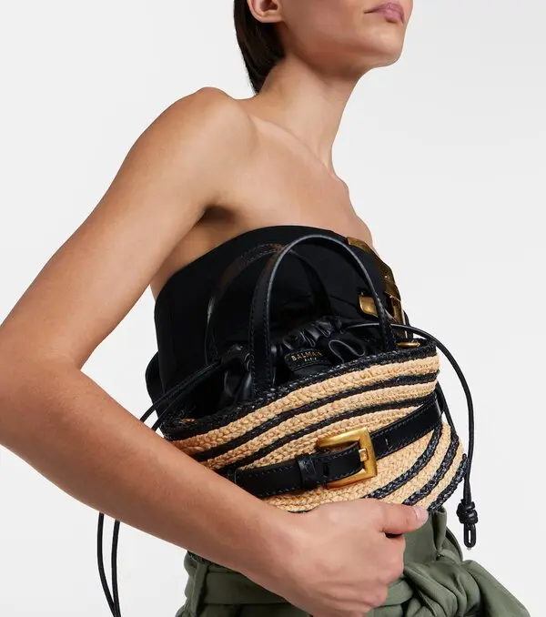 Balmain Raffia-effect Striped Top-handle Bag