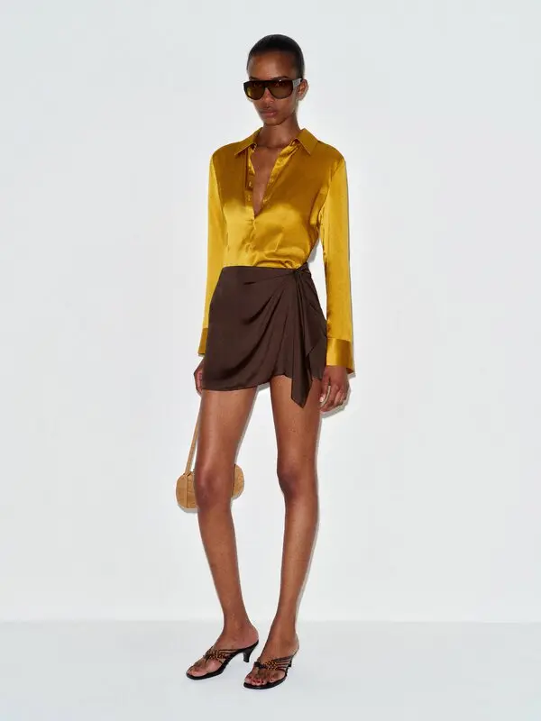 REFORMATION Milla Silk Skirt - Brown