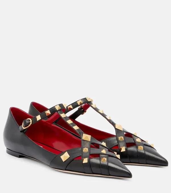 Valentino Garavani Studded Leather Mary Jane Flats - Black