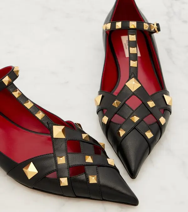 Valentino Garavani Studded Leather Mary Jane Flats - Black