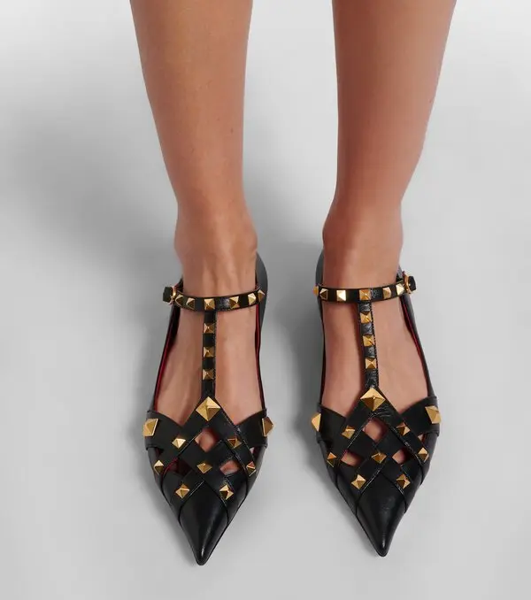 Valentino Garavani Studded Leather Mary Jane Flats - Black