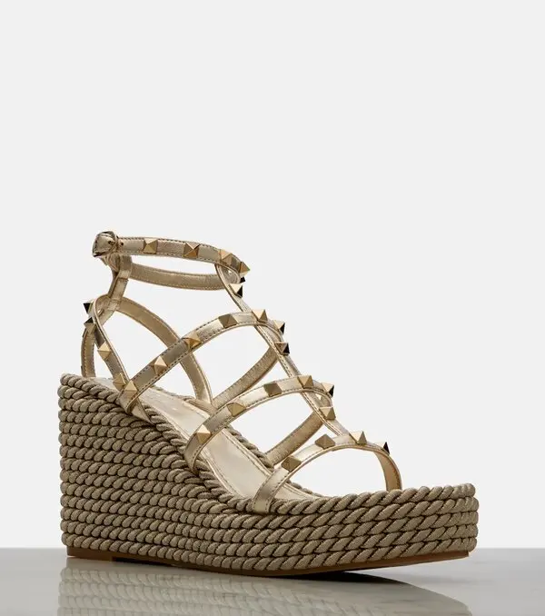 Valentino Garavani Rockstud Torchon Leather Wedge Espadrilles - Gold