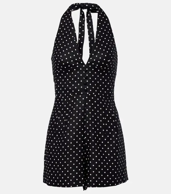 Faithfull The Brand Sofia Polka-dot Linen Halterneck Romper - Black