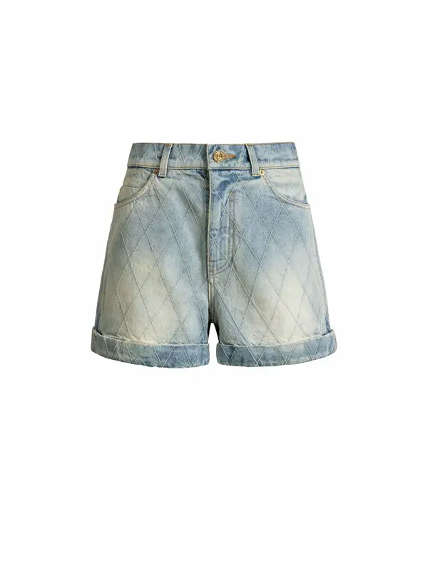 Balmain Quilted Topstitched Denim Shorts - Blue