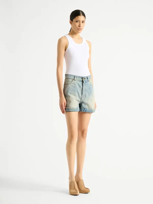 Balmain Quilted Topstitched Denim Shorts