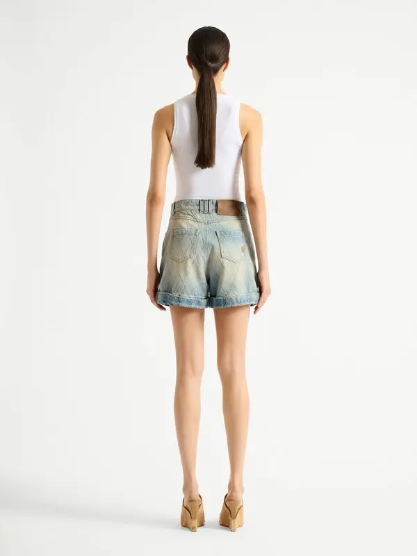 Balmain Quilted Topstitched Denim Shorts