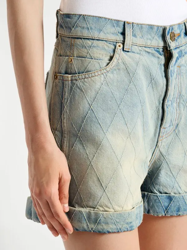 Balmain Quilted Topstitched Denim Shorts