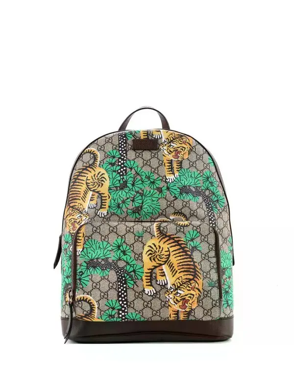 Gucci Bengal Print Gg Coated Canvas Backpack With Zip Pocket - Brown