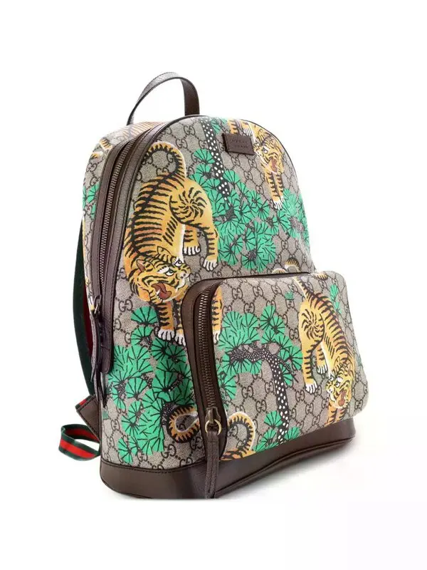 Gucci Bengal Print Gg Coated Canvas Backpack With Zip Pocket - Brown