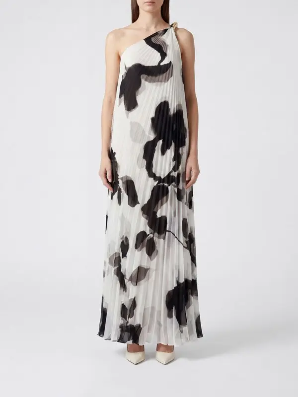 Max Mara One-shoulder Floral Chiffon Gown - White