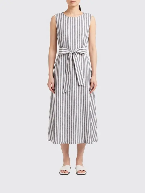Barbour Striped Midi Dress With Belted Waist - Navy