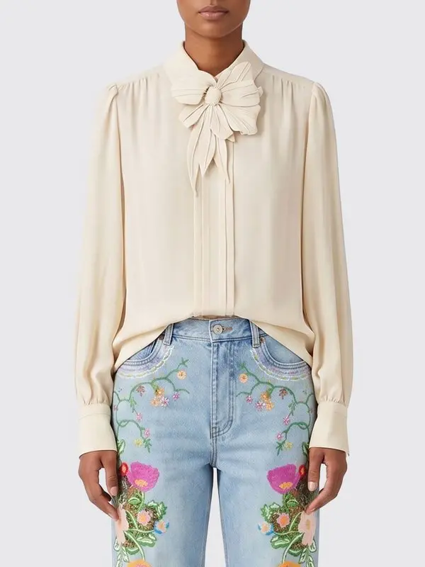Valentino Garavani Silk Blouse With Flowershaped Appliqu - Cream