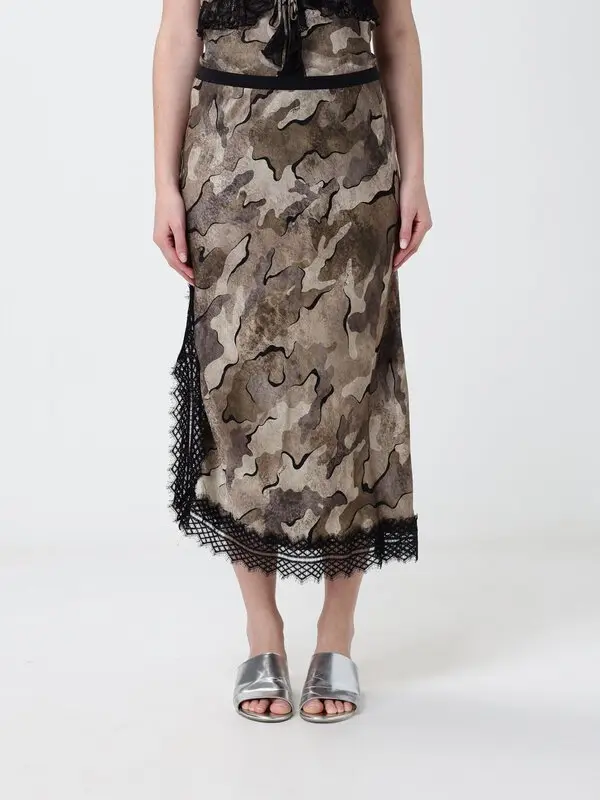 Pinko Camouflage Print Midi Skirt With Lace Trim