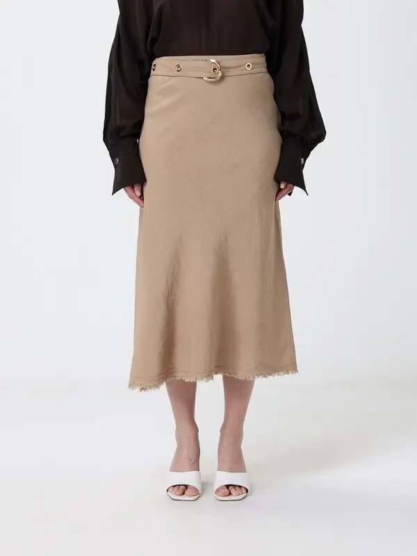 Pinko Belted Midi Skirt With Raw Edge Hem - Beige