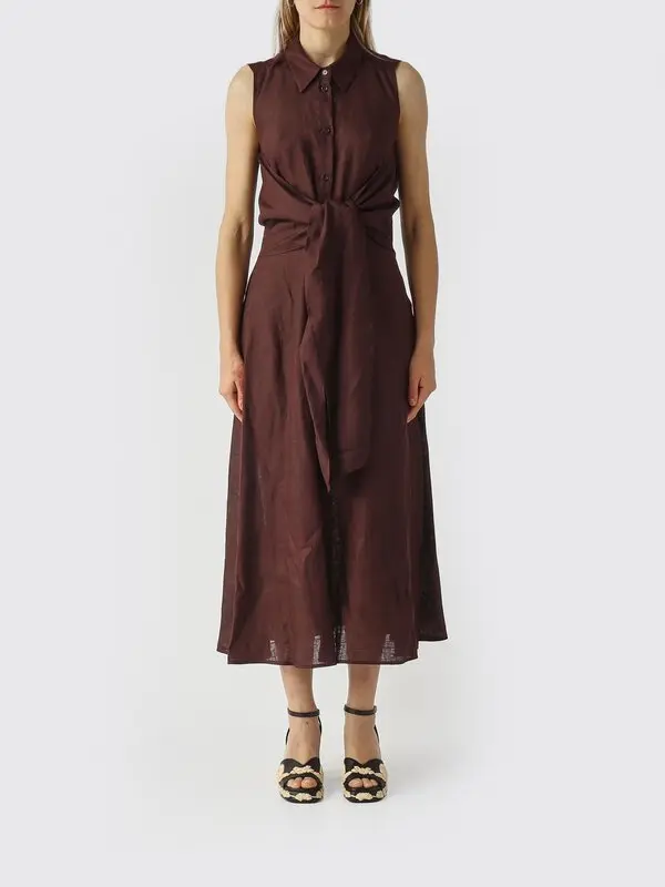 MEIMEIJ Sleeveless Collared Shirt Dress With Tie Detail - Coffee