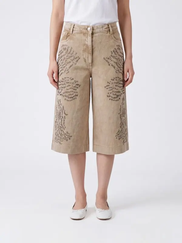 Patrizia Pepe Denim Bermuda Shorts With Rhinestone Embellishments - Sand