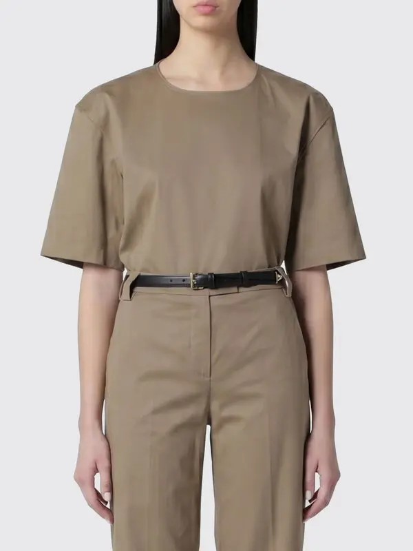 THELATEST Cropped Cotton Crew Neck Top With Teardrop Back Closure - Beige