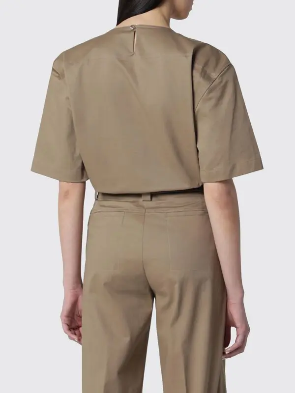 THELATEST Cropped Cotton Crew Neck Top With Teardrop Back Closure - Beige