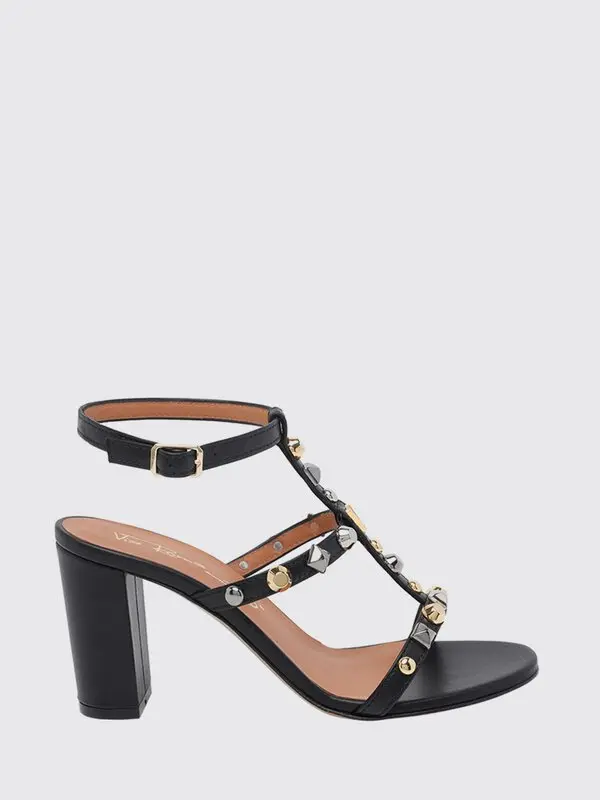 VIA ROMA 15 Studded T-strap High Heel Leather Sandals - Black