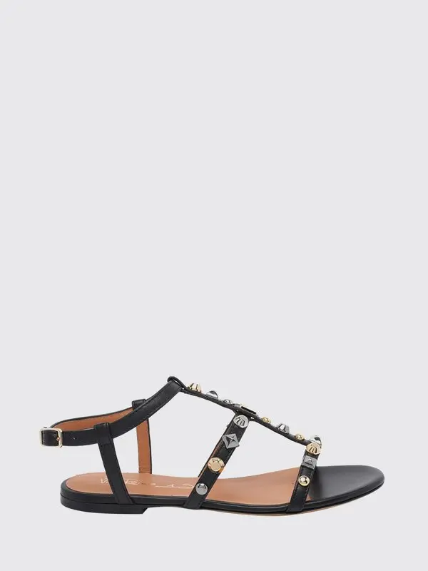 VIA ROMA 15 Flat T-strap Smooth Calfskin Leather Sandals With Stud Application - Black