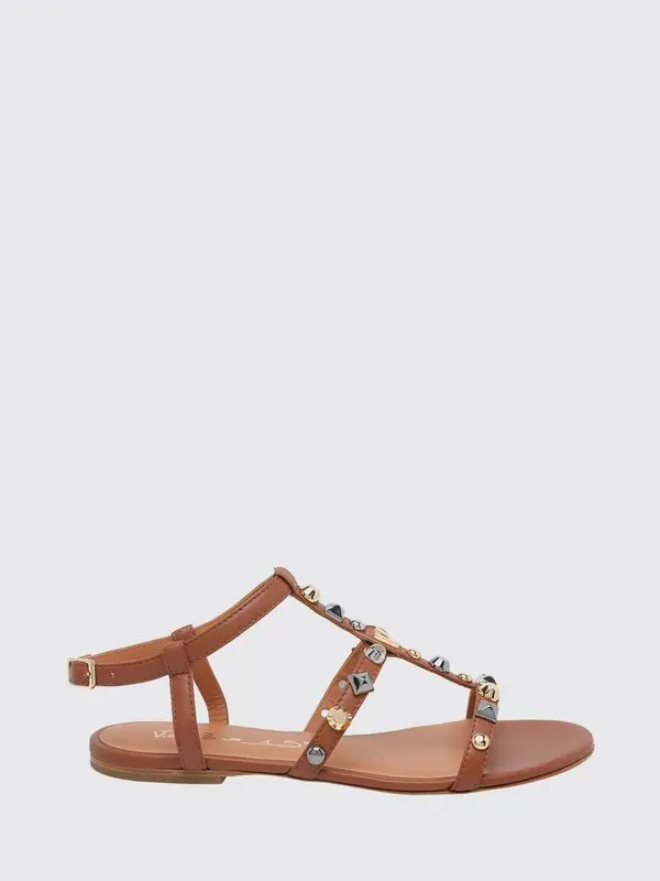 VIA ROMA 15 Flat T-strap Smooth Calfskin Leather Sandals With Stud Application - Brown