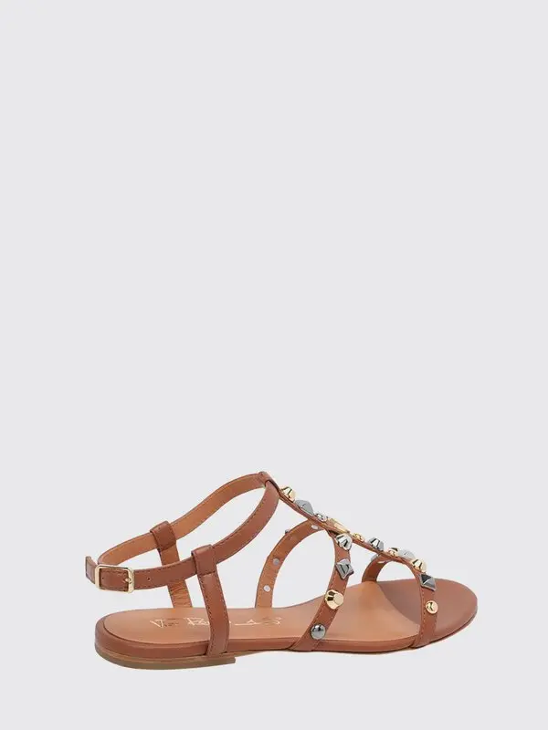 VIA ROMA 15 Flat T-strap Smooth Calfskin Leather Sandals With Stud Application - Brown