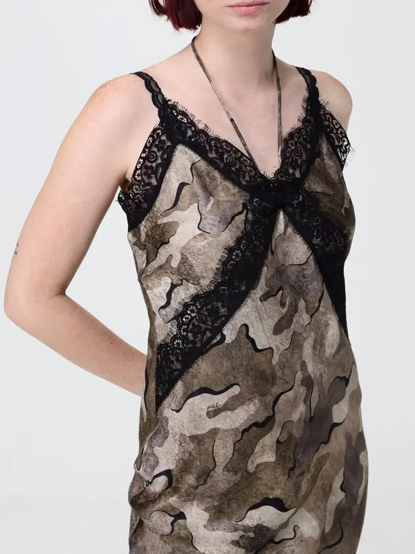 Pinko Camouflage Print Lace Trim Midi Slip Dress