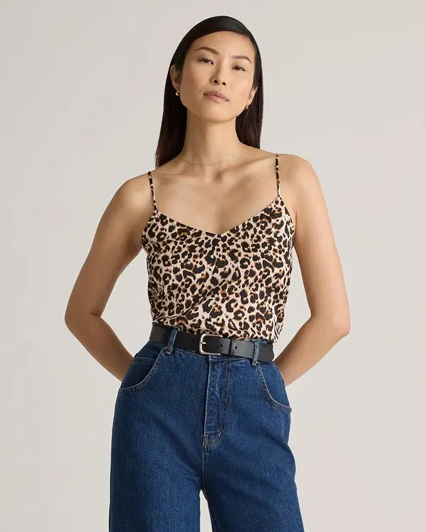 Quince Washable Stretch Silk V-neck Cami - Leopard