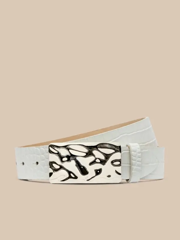 L'Agence Chara Croc Effect Leather Belt With Silver Tone Buckle - White Croc Embossed