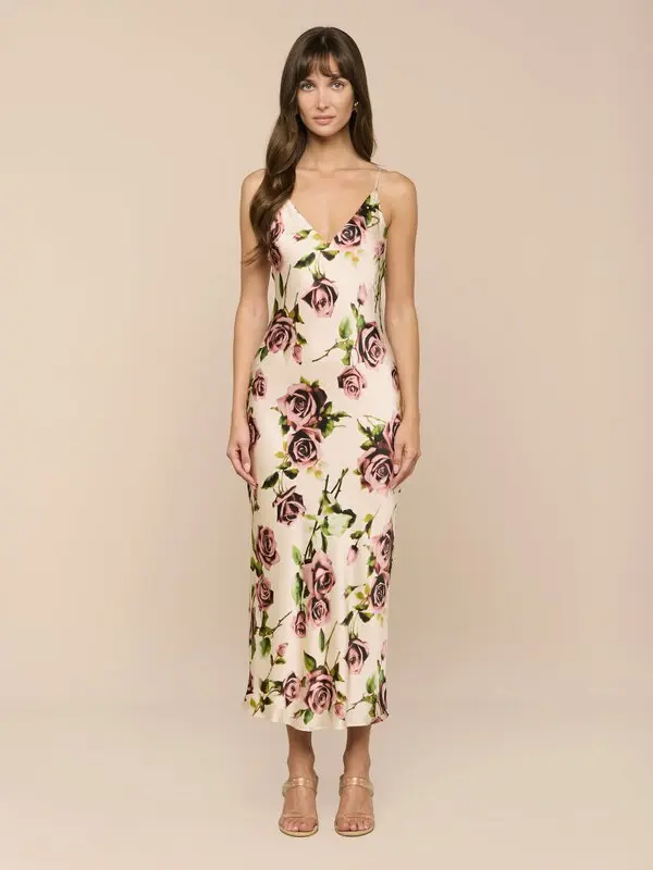 L'Agence Seridie Silk Slip Dress In Floral Print - Ecru/mauve Romantic Rose