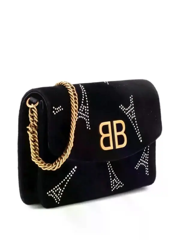 Balenciaga Bb Round Wallet On Chain Crystal Embellished Velvet Bag - Black