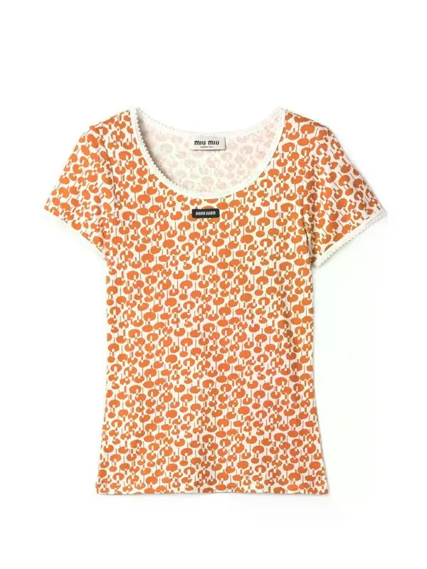 Miu Miu Ribbed Knit Cotton T-shirt With Floral Print